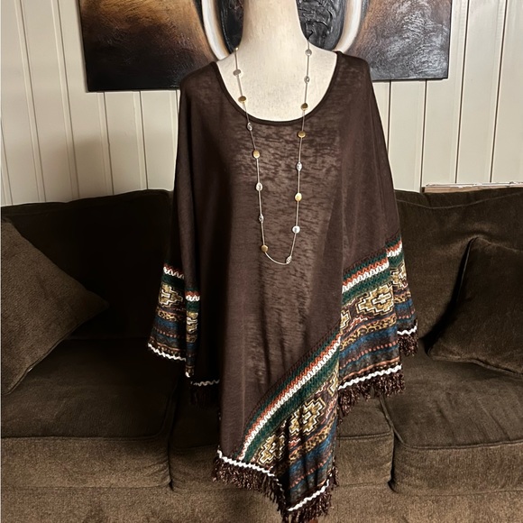 Multiples | Sweaters | Multiples Xlarge Brown Fringe Aztec Design ...